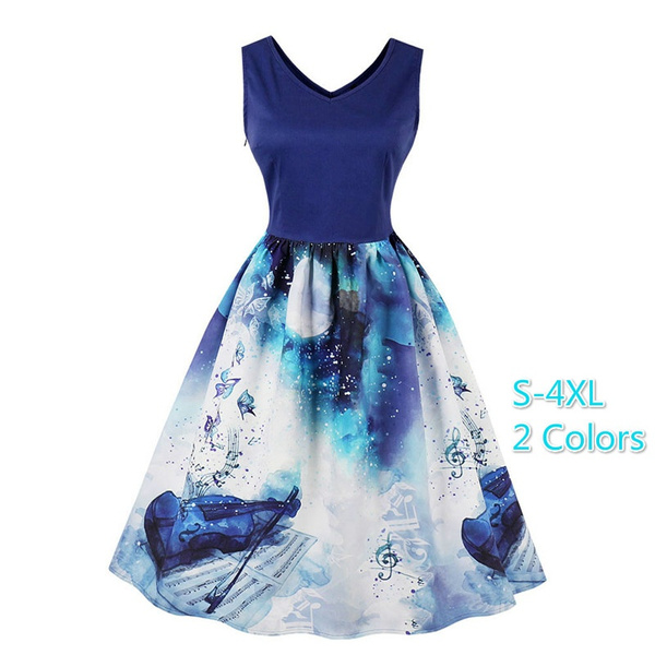Fashion Women 2018 Summer Vintage Blue Music Note Dress Violin Print ...