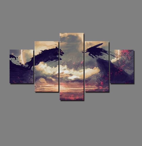 Canvas Print 5 Panels Berserk Guts Vs Wolf Wall Art Canvas Painting ...