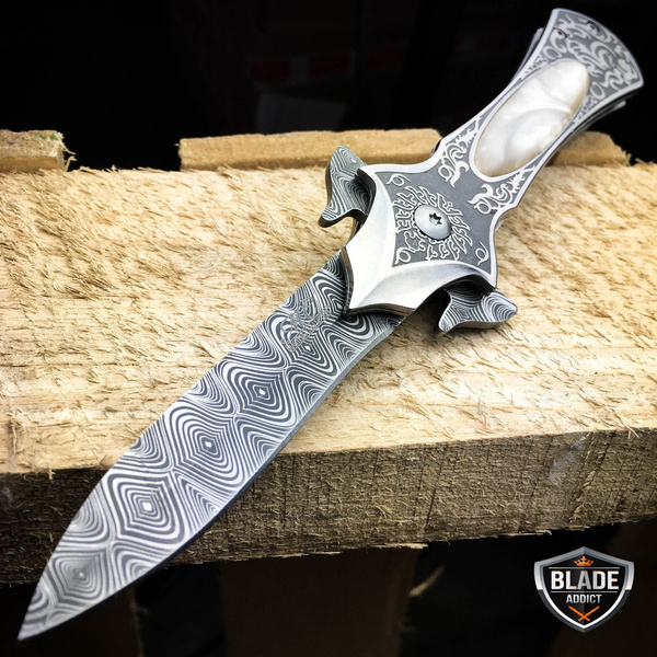 8" FANTASY FOLDING Spring Asissted POCKET KNIFE Damascus ETCH Stiletto ...