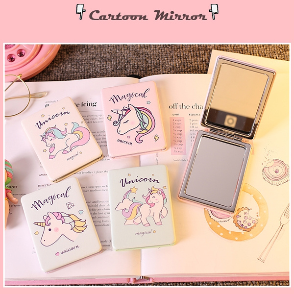 Mini cartoon round mirror unicorn love star makeup mirror glass mirror ...