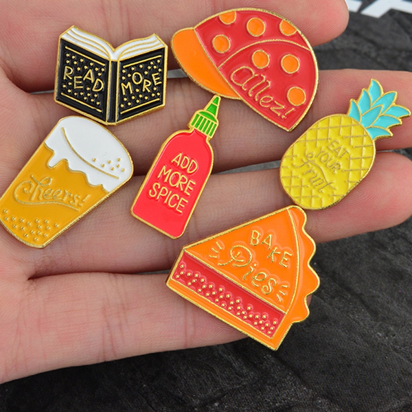 Cartoon Funny Enamel Pins Pizza Drink Book Pineapple Spice Bottle Pins ...