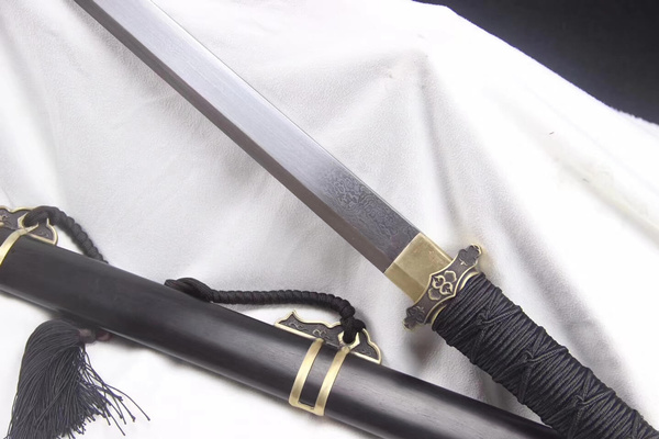 Chinese sword Ring-pommel tang jian/Pattern steel blade/Black scabbard ...