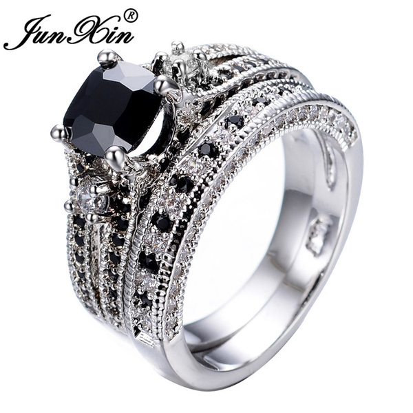 Junxin Jewelry 1 Pair Vintage Round Cut Black Sapphire Double Rings ...