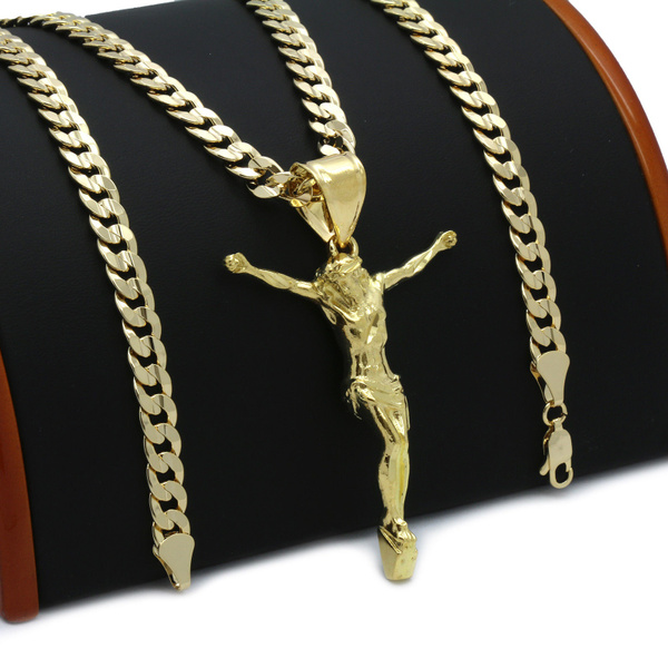 Mens 18k Gold Plated JESUS Hip-Hop Pendant 6mm Cuban Chain Necklace | Wish