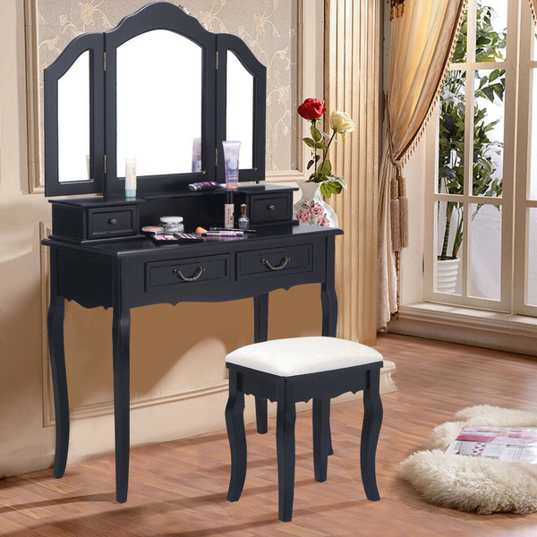 Elegant Tri-Folding Mirror Dressing Table Set Makeup Desk & Stool Black ...
