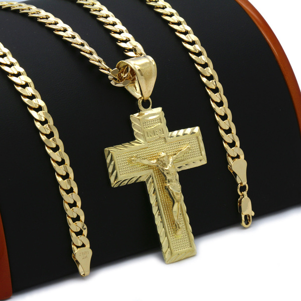 Mens 18k Gold Plated JESUS CROSS(L) Hip-Hop Pendant 6mm Cuban Chain ... Mens 18k Gold Plated JESUS CROSS(L) Hip-Hop Pendant 6mm Cuban Chain ...