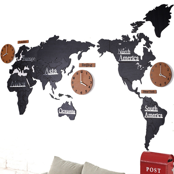 Creative Map of the World Wall Clock Wooden Wall Decoration Mute Clocks ...