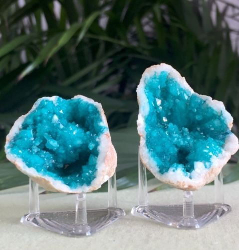Blue Geode Pair W/Stands Crystal Quartz Gemstone Specimen Dyed Morocco ...