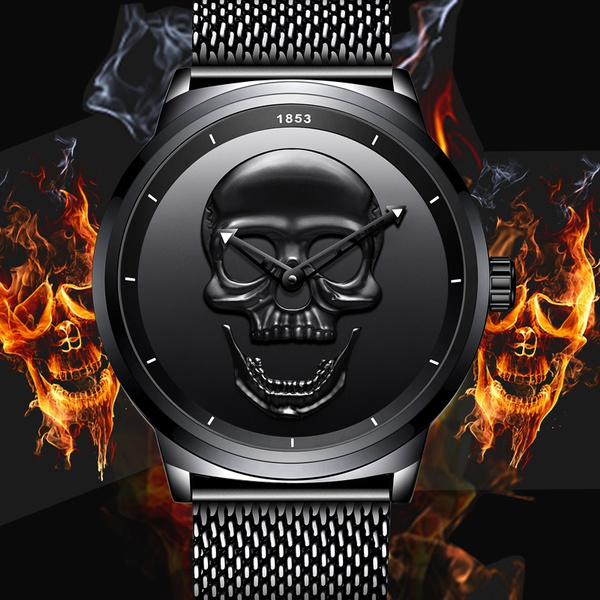 LIGE Mens Watch Simple Mesh Strap Black Gold Skull Watches Quartz Skull ...