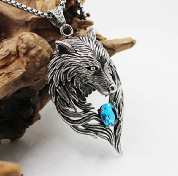 Stainless Steel Wolf Head Vintage Texture Sapphire Necklace | Wish