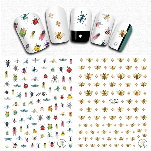 1 Sheet Embroidery Bees Nail Stickers Insect Series 3D Decals Dragonfly ...