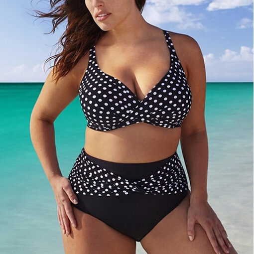 Plus Size Women High Waist Bikini Set Dot Print Bathing Suit Sexy 2 Pcs Bikini Swimming Suit M