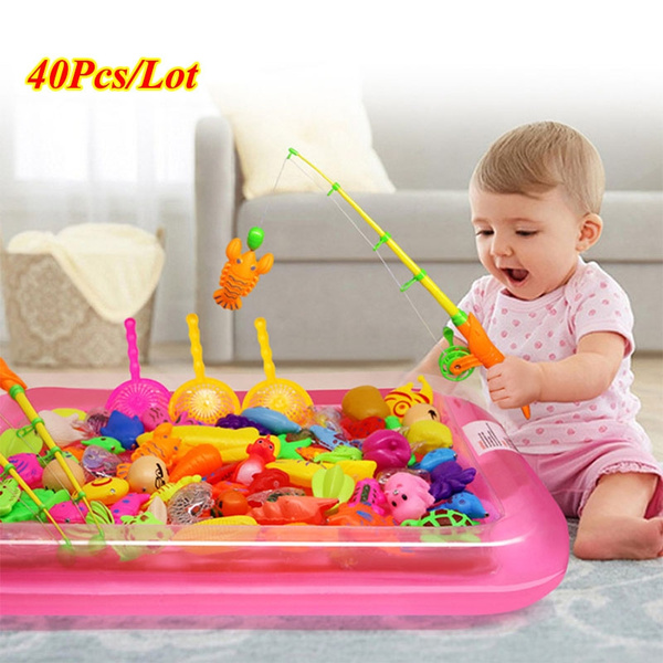 40pcs/lot Children Magnetic Fishing Toy With Inflatable Pool Rod Net ...