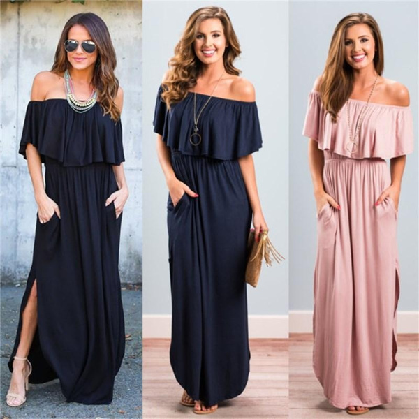 Womens Off Shoulder Ruffle Party Dresses Side Split Beach Maxi Pocket ...