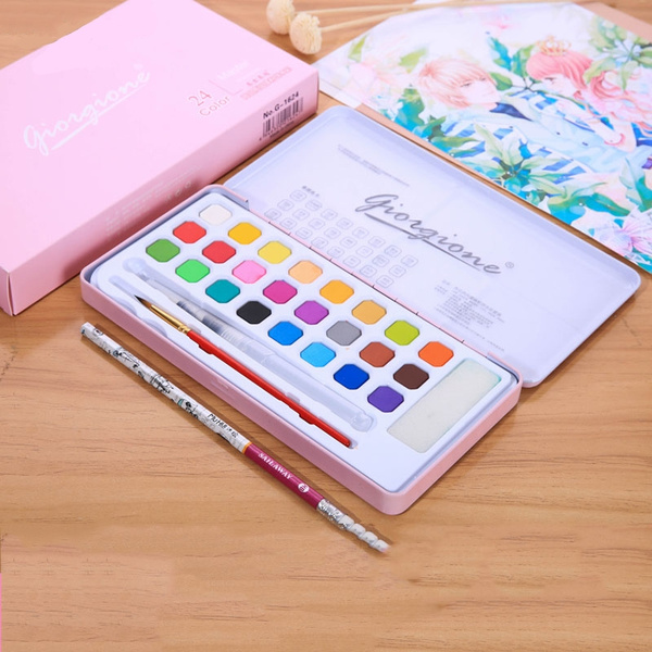 18/24 Pink Blue Iron Box Solid Watercolor Paint Set Transparent Solid ...