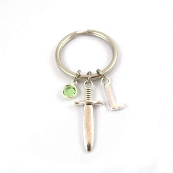 Sword Keychain- Choose A Birthstone and Initial, Sword Keyring, Sword ...