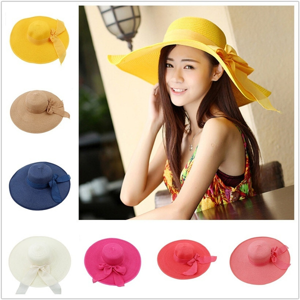 Black White Strip Bow Anti-UV Straw Summer Sun Fedora Hat Wide Brim ...