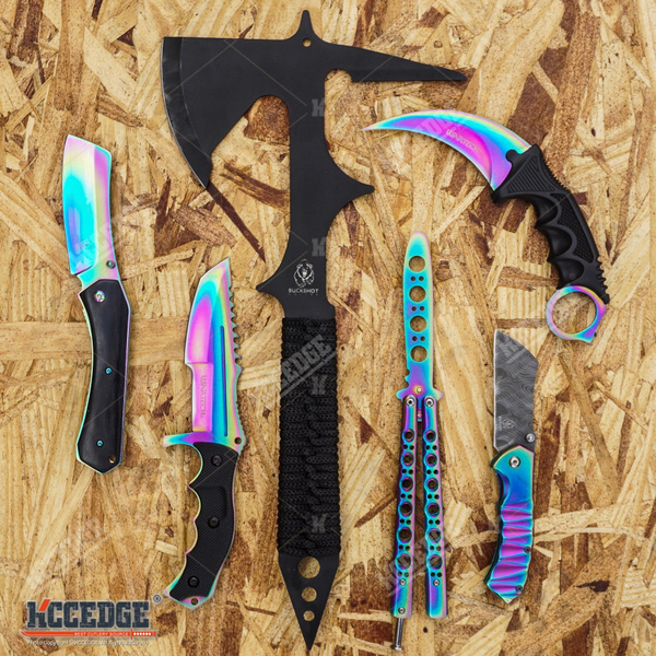 6PC RAINBOW SET AXE KARAMBIT FIXED CLEAVER Balisong Trainer BOWIE MINI ...