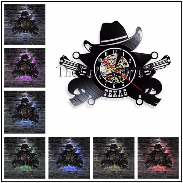 Texas Cowboy Wall Clock Western USA Skyline Symbol Vinyl Record Wall ...
