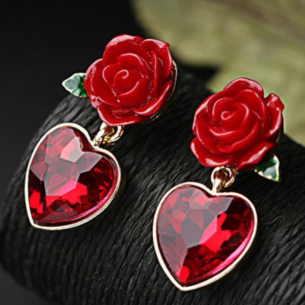 Red Rose Flower Rhinestone Heart Pendant Drop Earring Wedding Ear Stud ...