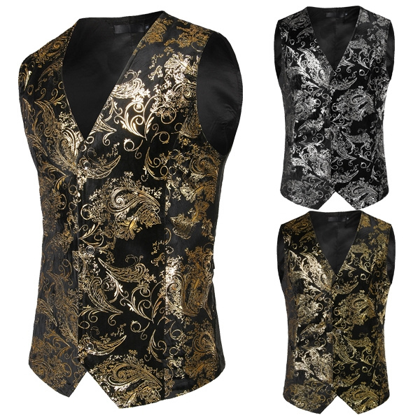 Gold Steampunk Vest Men Suit Gilet Homme Wedding Sleeveless Slim Fit ...