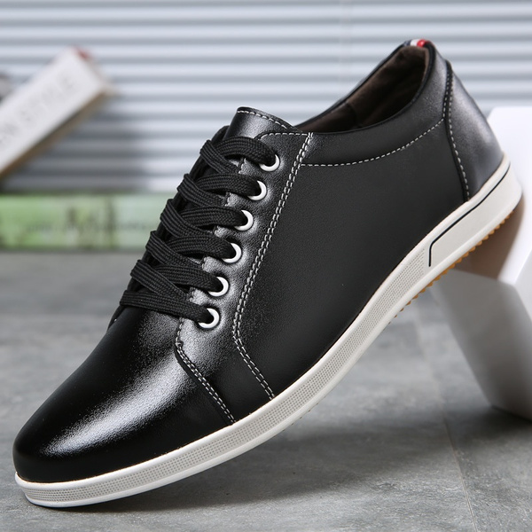 New Men's Fashion Leather Round Toe Casual Shoes Lace-Up Skateboard ...