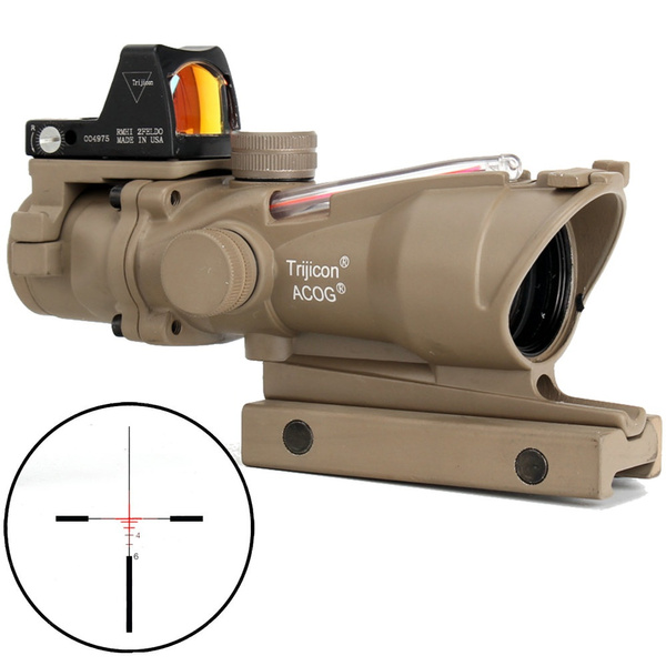 ACOG Style 4X32 Tan Real Fiber Optics Red Illuminated Tactical Scope W ...