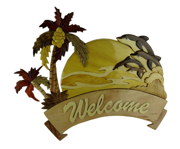 Hand Crafted Palm Tree Intarsia Wood Welcome Sign | Wish