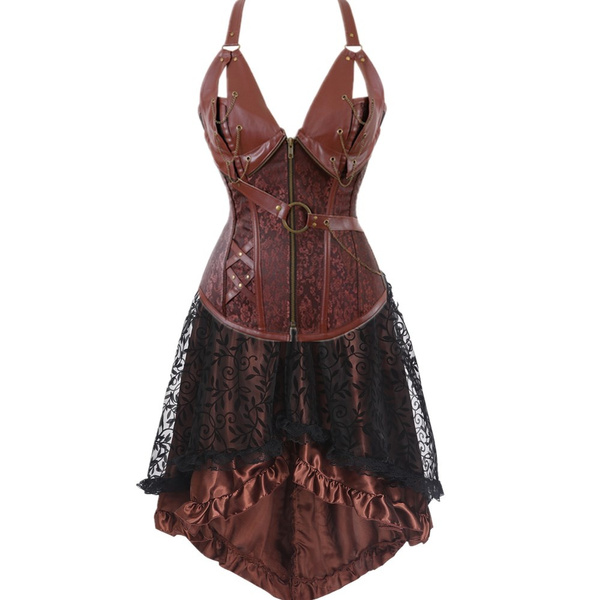 Red And Black Brocade Steel Boned Steampunk Overbust Corset Dress Women