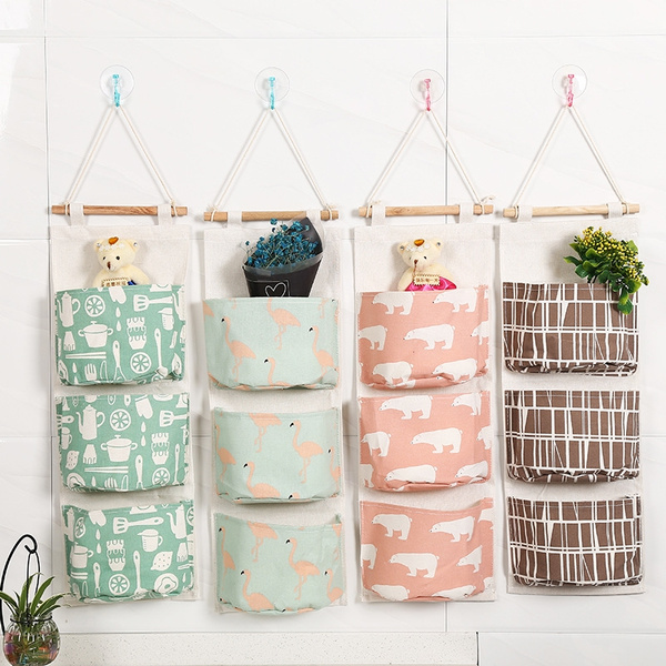 Creative Cotton Linen Door 3 pockets Hanging Bag Multi Pockets Wall ...