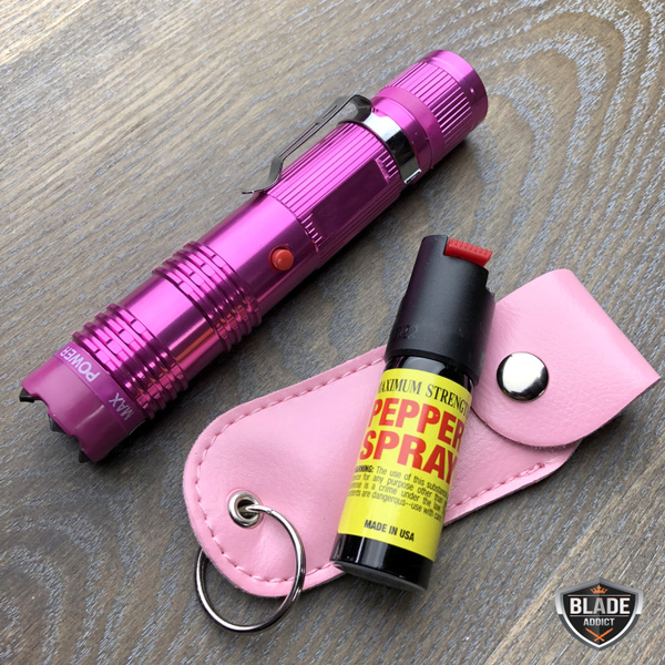 METAL POLICE TACTICAL STUN GUN + PINK PEPPER SPRAY Maximum Strength SET ...