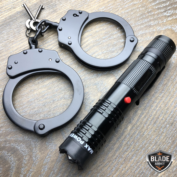 BLACK Steel Handcuffs Police Double Locking Hand Cuffs w/ 2 keys + Stun ...