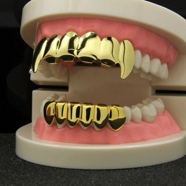 New Custom 14k Gold Plated Hip Hop Teeth Grillz Caps Top & Bottom Grill ...