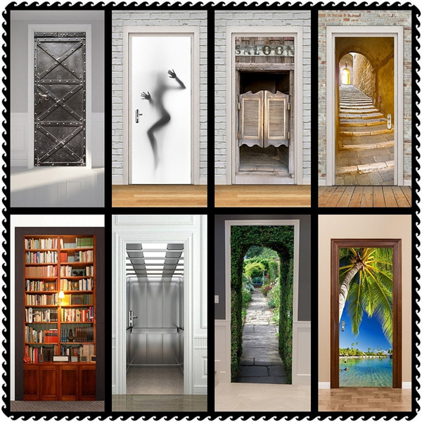 3D Step Stone Iron Bookshelf Saloon Door Sticker Waterproof PVC Wall ...