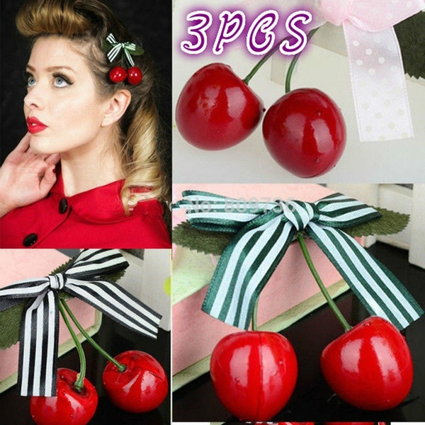 3PC Hot Red Cherry Bow Hair Clip for Pinup Girls Retro Vintage Hair ...