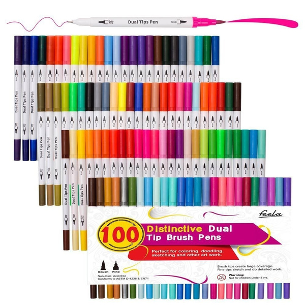 100 colors Dual Tip Brush Pens with Fineliners Art Markers, Watercolor ...