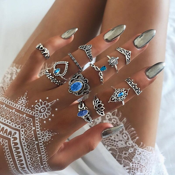 13Pcs/Set Bohemian Elephant Sapphire Tortoise Knuckle Ring Set Fashion ...