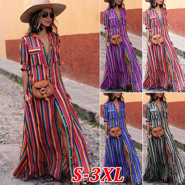 Women Rainbow Loose Maxi Dress Shirt Collar Summer Casual Dress ...