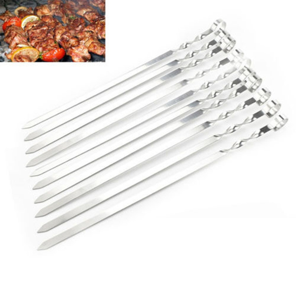 10PCS BBQ Barbecue Stainless Steel Grilling Kabob Kebab Flat Skewers Needle | Wish