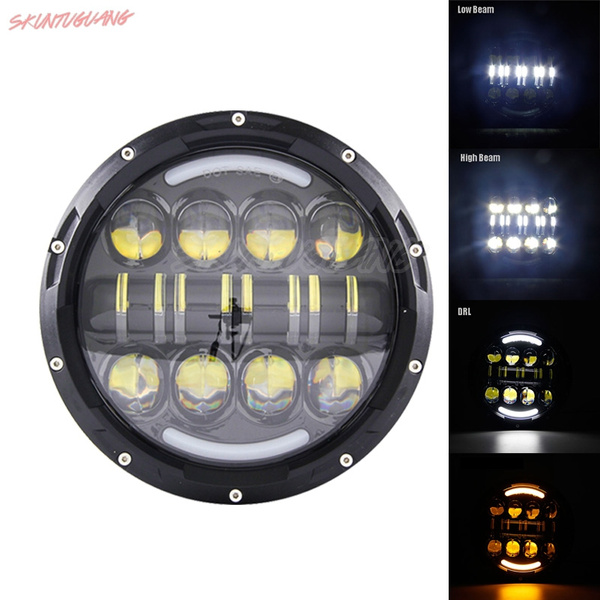 Black/Chrome 7" inch 80W LED Headlight DRL High Low Beam Projector ...