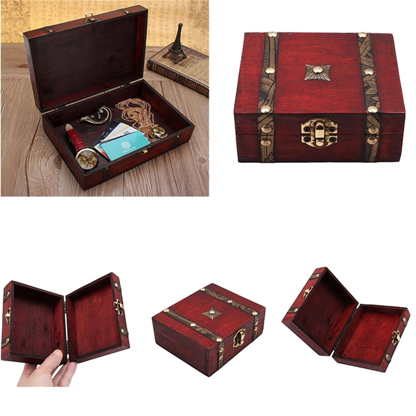 Wooden Vintage Lock Treasure Chest Jewelery Storage Box Case Organiser ...