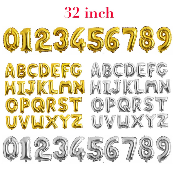 32 inch Gold Silver Number Letter Foil Balloon, Digit Helium Ballon ...