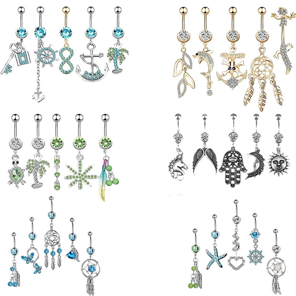 5Pcs Dangle Belly Button Rings Set Navel Surgical Stainless Steel 14G ...