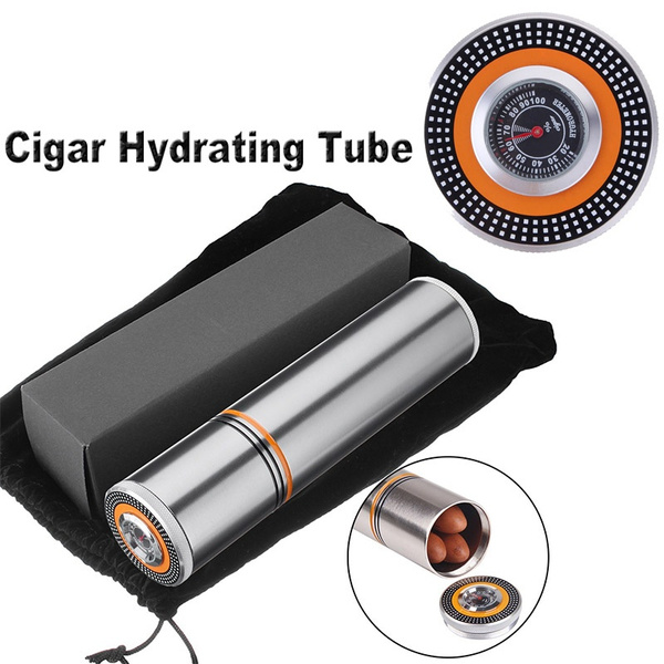 Silver Tone Cylindrical Travel Cigar Humidor Hydrating Tube Hygrometer ...
