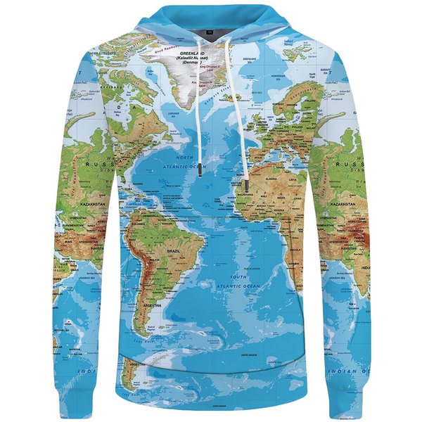World Map Hoodies Mens Hoodie Earth Long Funny Streetwear Blue Clothing ...