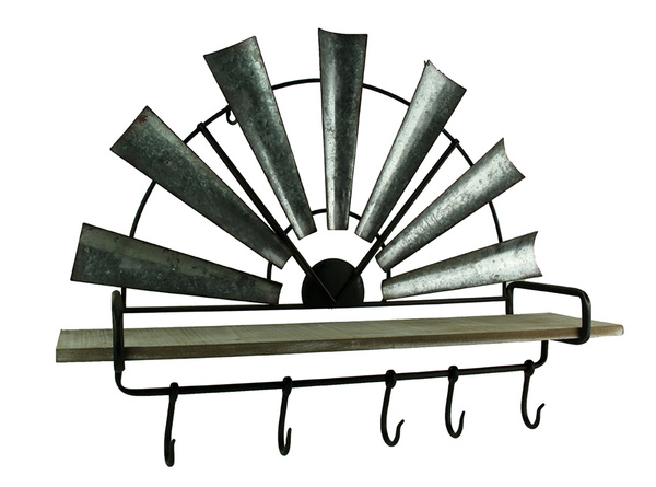 Rustic Galvanized Half Windmill Wall Shelf with Hooks | Wish