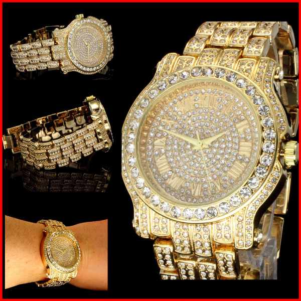Mens 14k Gold Tone Iced out Simulated Diamond Hip Hop Rapper Watch | Wish