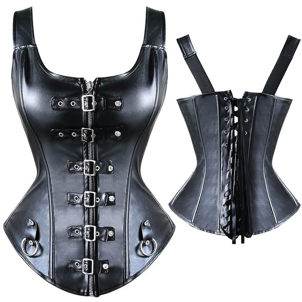 Women's Plus Size Punk Rock Faux Leather Buckle-up Basque with G-string ...