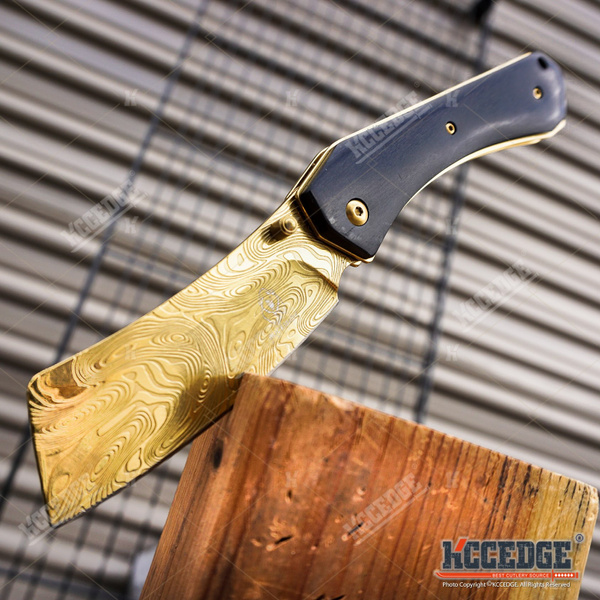 USA SELLER 8" Tactical Black/Gold CLEAVER Pocket Knife Razor Spring ...