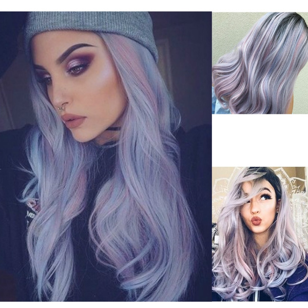 Vogue Mixed Color Wig Pink & Purple & Gray Ombre Wigs Long Wavy Hair in ...